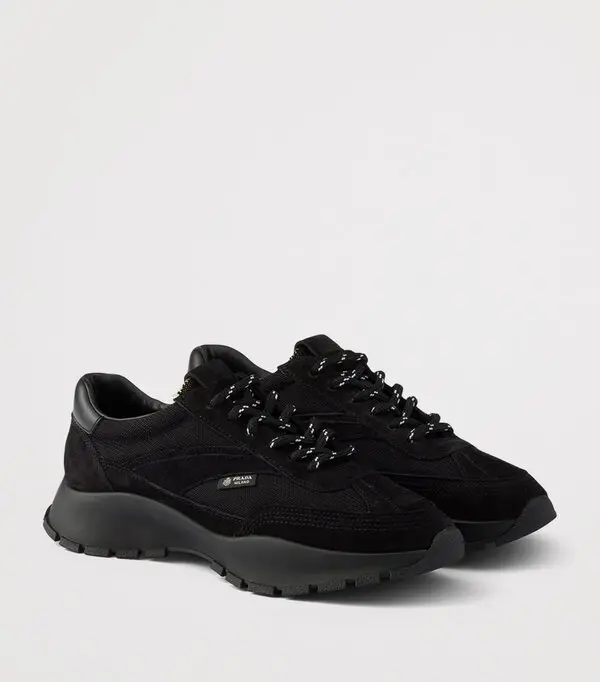Prada Paneled Mesh And Suede Sneakers