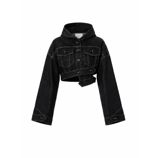 GAO REPUBLIC Cropped Denim Hoodie Jacket With Cut-out Detailing