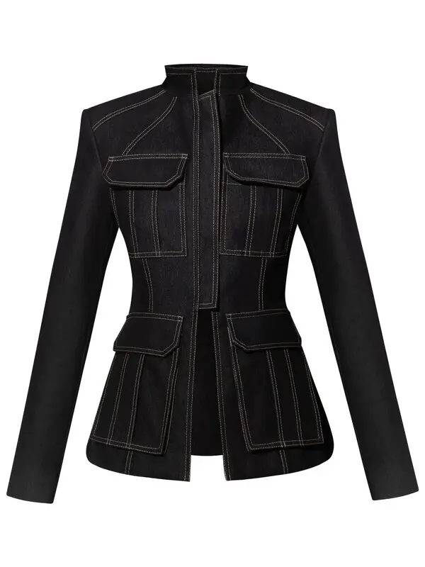 TIA DORRAINE Tailored Denim Jacket With Padded Shoulders