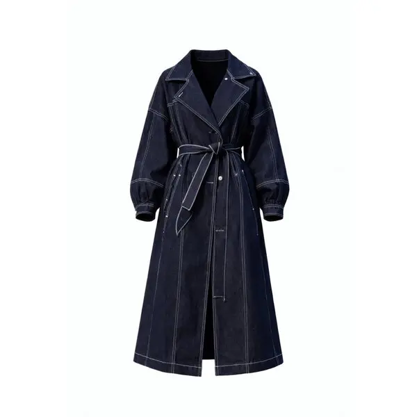 UP-FUSE Indigo Denim Coat With Belted Waist
