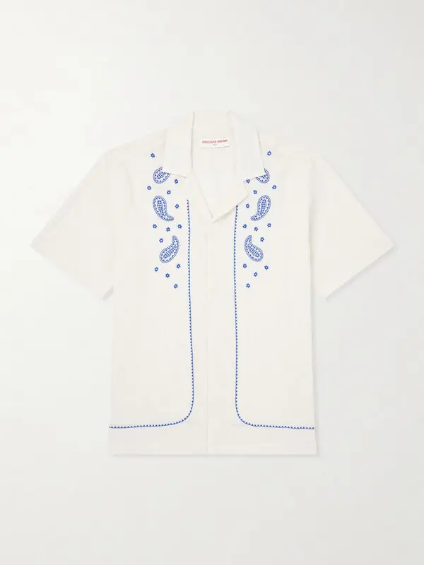 Orlebar Brown Maitan Camp-collar Embroidered Cotton Shirt - Neutrals