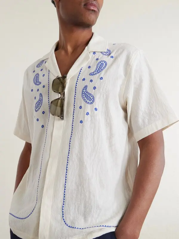 Orlebar Brown Maitan Camp-collar Embroidered Cotton Shirt - Neutrals