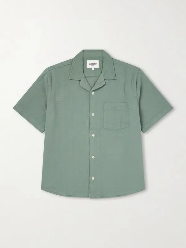 CORRIDOR Convertible-collar Cotton-hopsack Shirt - Green