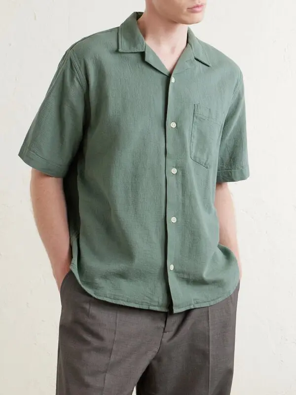 CORRIDOR Convertible-collar Cotton-hopsack Shirt - Green