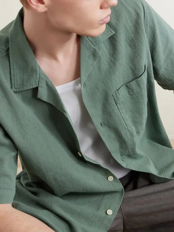 CORRIDOR Convertible-collar Cotton-hopsack Shirt - Green
