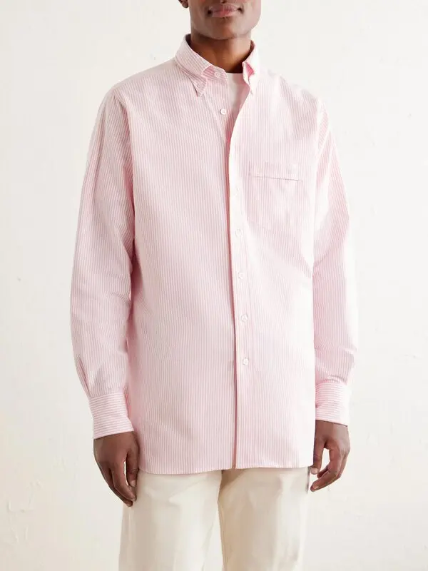 DRAKE'S Button-down Collar Striped Cotton Shirt - Pink
