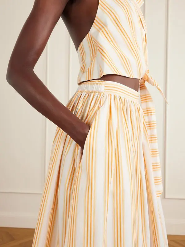 Rosie Assoulin Pleated Striped Cotton Midi Skirt