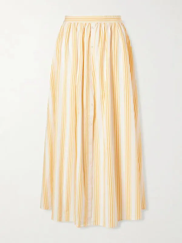 Rosie Assoulin Pleated Striped Cotton Midi Skirt - Orange