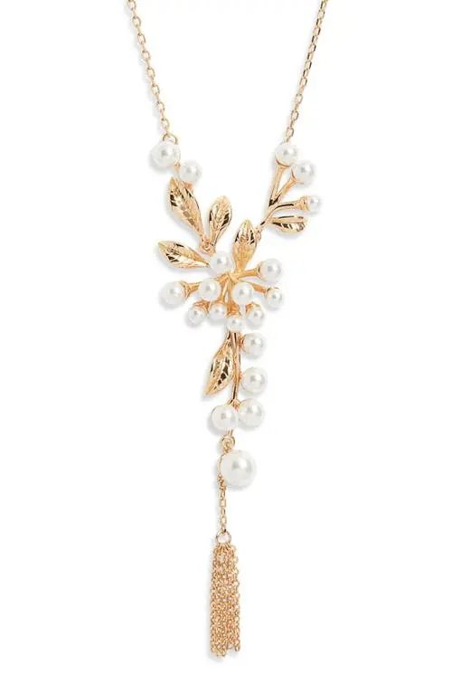 Nordstrom Faux Pearl And Polished Leaf Y-necklace - White- Gold