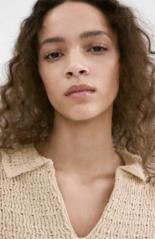 Mango Open Stitch Cotton Blend Polo Sweater - Sand