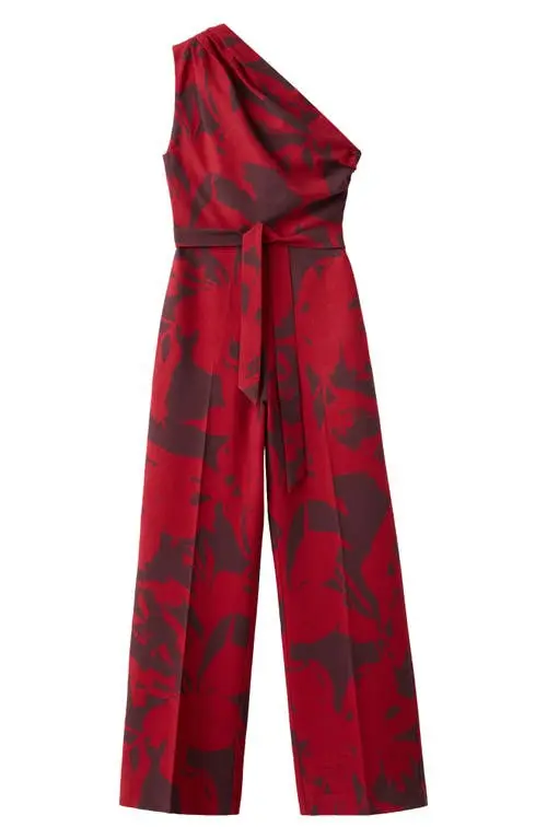 Mango Abstract Print One-shoulder Jumpsuit With Tie Belt - Red