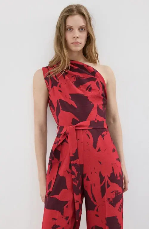 Mango Abstract Print One-shoulder Jumpsuit With Tie Belt - Red