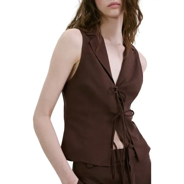 Mango Tie Front Vest With Notched Lapel - Chocolate