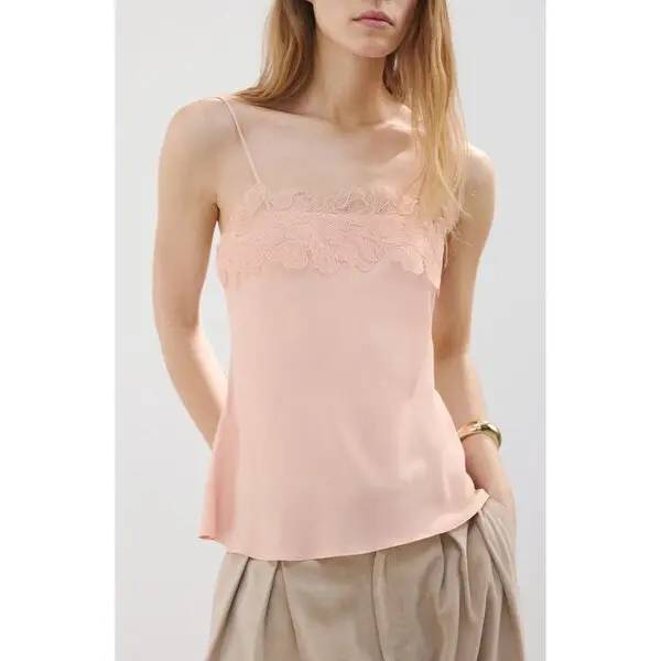 Mango Lace Trim Satin Camisole - Pink