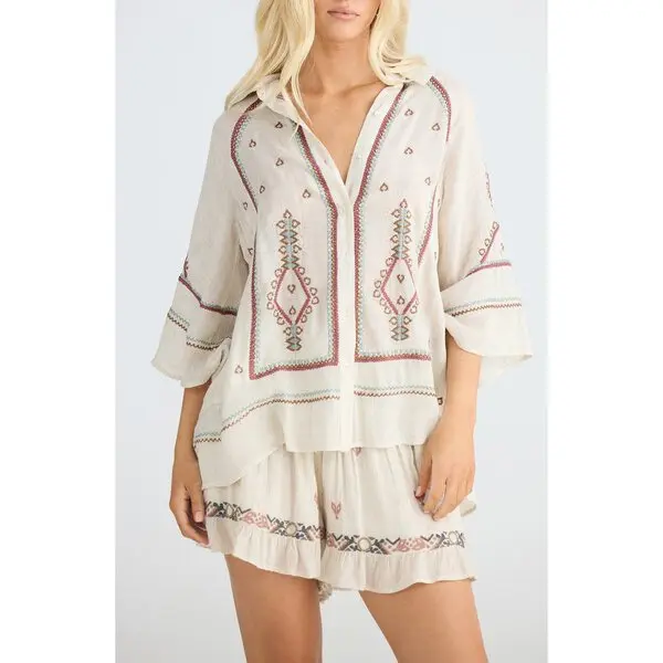 TALISMAN THE LABEL Embroidered Linen Blend Shirt - Light Natural
