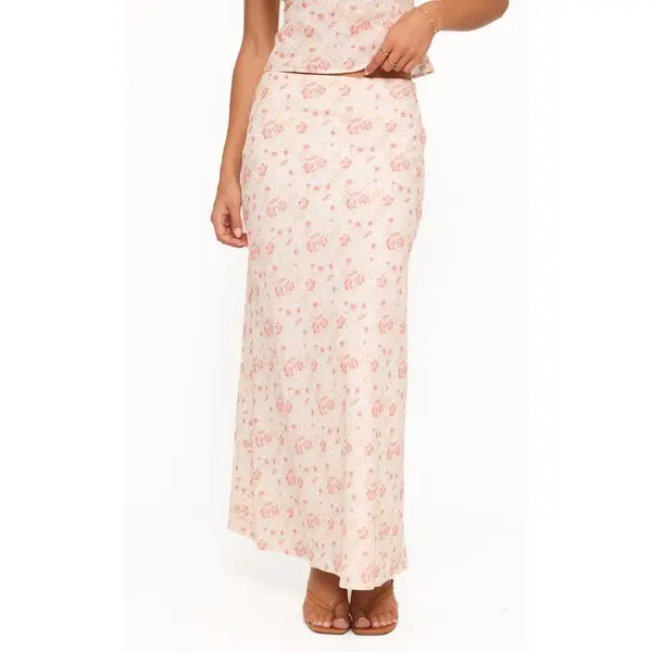PETAL & PUP Giarda Floral Print Crinkle Linen Blend Maxi Skirt - Peach Ditsy Floral