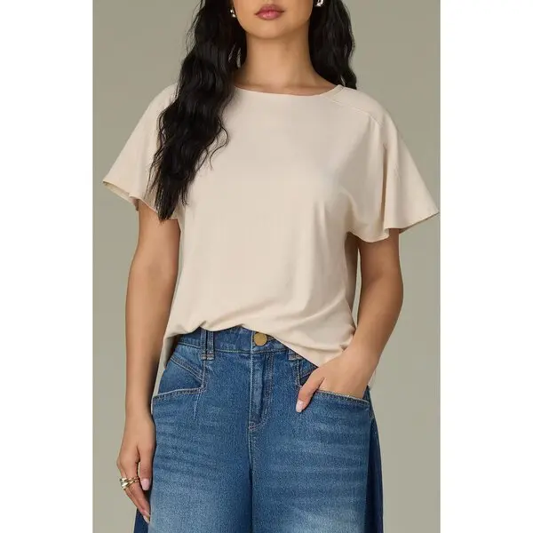 Wit & Wisdom Mixed Media Knit Top With Flutter Sleeves - Pale Stone