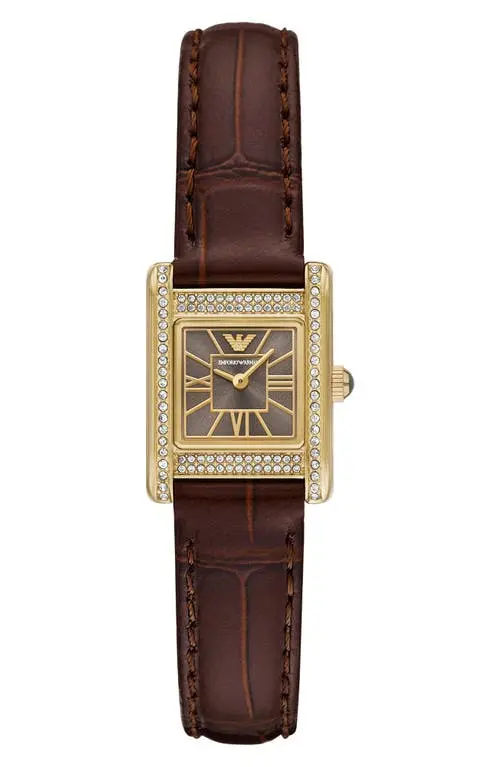 Emporio Armani Crystal Bezel Leather Strap Watch - Brown