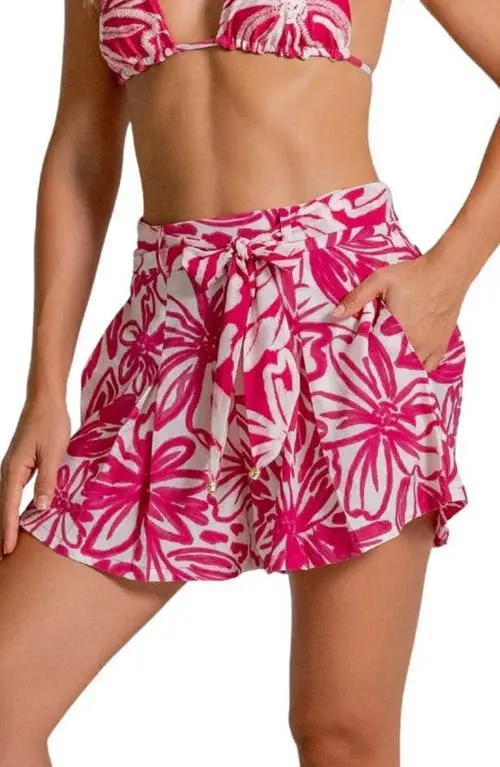 Cosita Linda Belted Floral Print Cover-up Shorts - Raspberry
