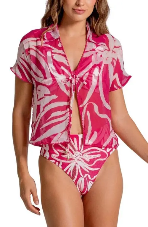Cosita Linda Relaxed Fit Semisheer Crop Cover-up Shirt - Raspberry