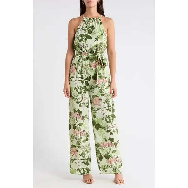 SUGARLIPS Floral Print Halter Neck Jumpsuit - Grn-pink-mul