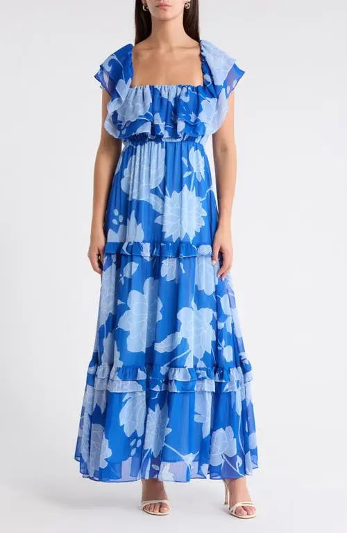 SUGARLIPS Floral Off The Shoulder Tiered Maxi Dress - Cobalt-blue