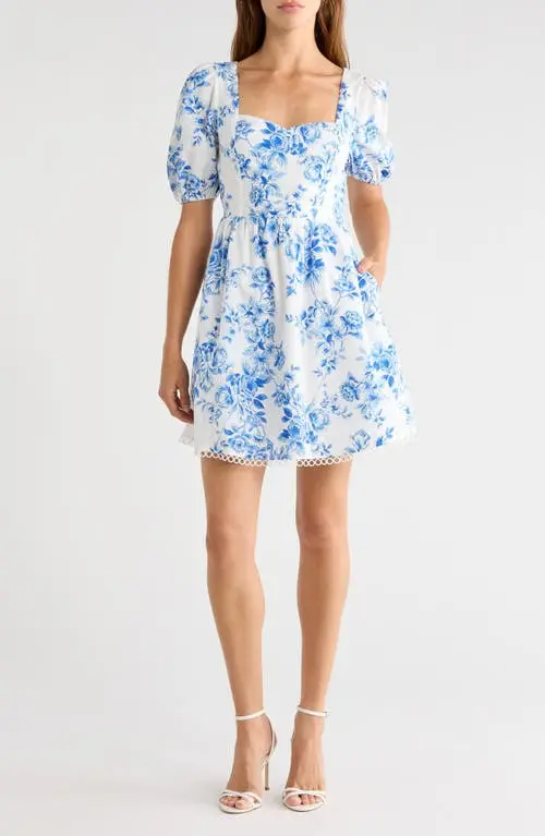 SUGARLIPS Floral Print Puff Sleeve Dress - White-blues