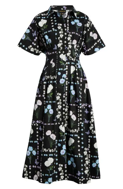 SUGARLIPS Floral Print Collared Midi Dress - Black-pastel