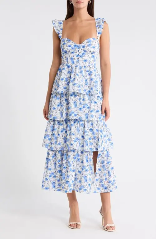 SUGARLIPS Tiered Midi Dress With Sweetheart Neckline And Ruffled Straps - White-blue