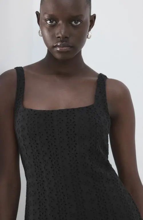 Mango Square Neck Cotton Eyelet Dress - Black