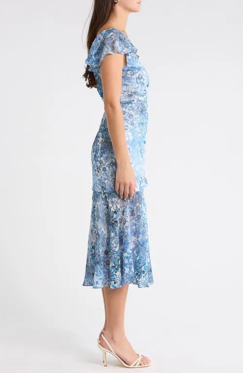 SUGARLIPS Floral Ruched Midi Dress With Sweetheart Neckline And Flutter Sleeves
