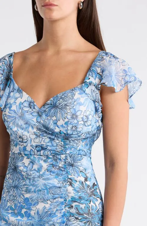 SUGARLIPS Floral Ruched Midi Dress With Sweetheart Neckline And Flutter Sleeves