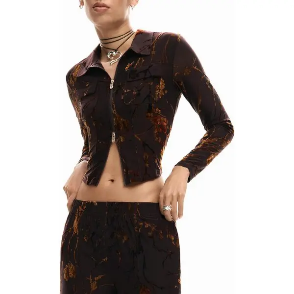 Desigual Textured Floral Zip Front Long Sleeve Shirt