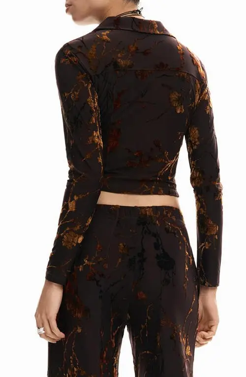 Desigual Textured Floral Zip Front Long Sleeve Shirt