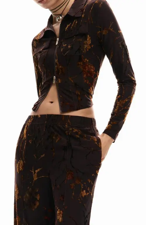 Desigual Textured Floral Zip Front Long Sleeve Shirt