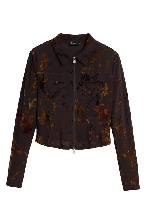 Desigual Textured Floral Zip Front Long Sleeve Shirt