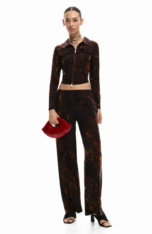 Desigual Textured Floral Zip Front Long Sleeve Shirt