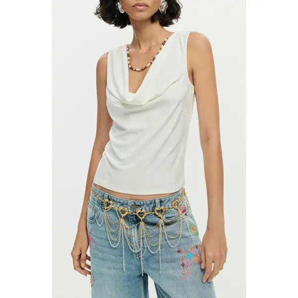 Desigual Sleeveless Cowl Neck Top With Beaded Embellishment - White
