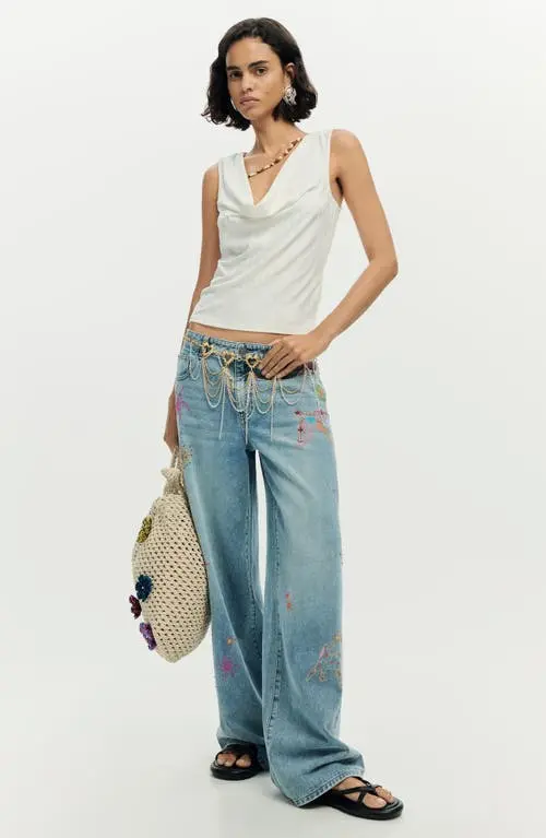 Desigual Sleeveless Cowl Neck Top With Beaded Embellishment - White