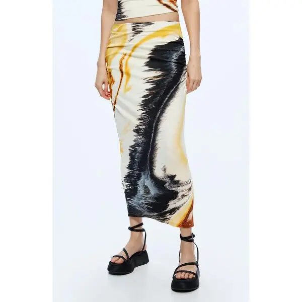 Desigual Abstract Print Ruched Midi Skirt - Yellow