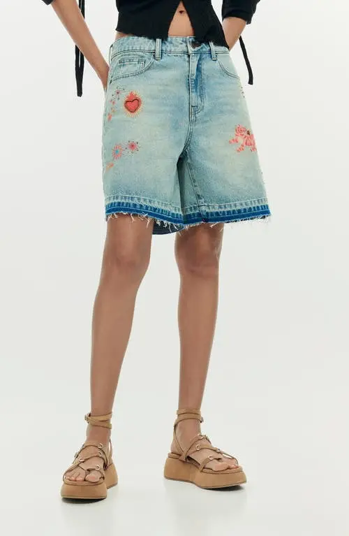 Desigual Embellished Faded Denim Shorts