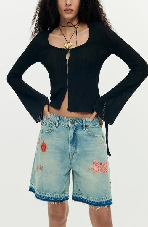 Desigual Embellished Faded Denim Shorts