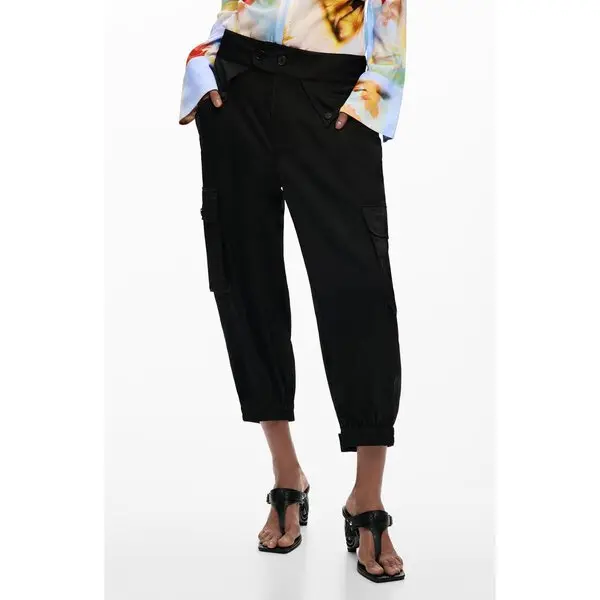 Desigual Cropped Cargo Pants With Adjustable Cuffs - Black