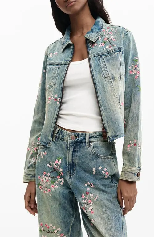 Desigual Embroidered Denim Trucker Jacket - Blue