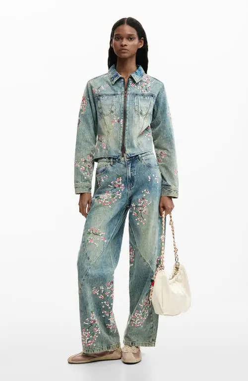 Desigual Embroidered Denim Trucker Jacket - Blue