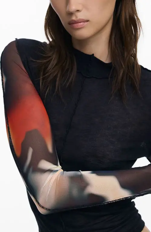 Desigual Long Sleeve Crop Top With Sheer Print Sleeves