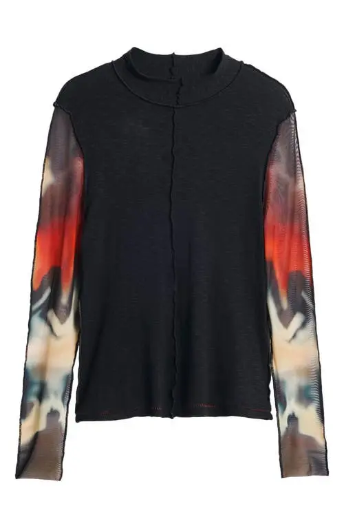 Desigual Long Sleeve Crop Top With Sheer Print Sleeves