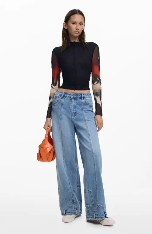 Desigual Long Sleeve Crop Top With Sheer Print Sleeves