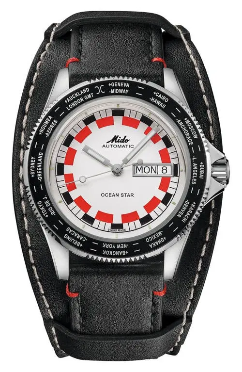 MIDO Ocean Star Worldtimer Automatic Leather Strap Watch