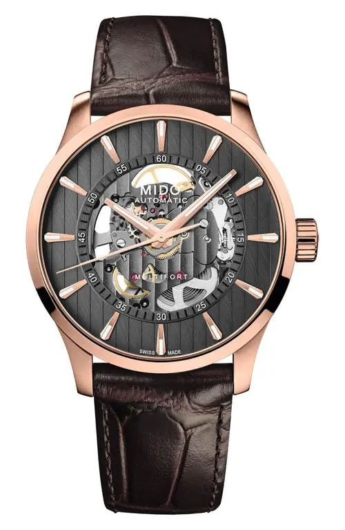 MIDO Multifort Skeleton Vertigo Rose Gold Tone Automatic Leather Strap Watch - Black